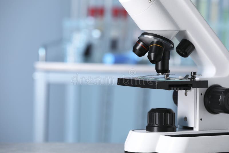 Modern Medical Microscope in Laboratory, Closeup. Space for Text Stock ...