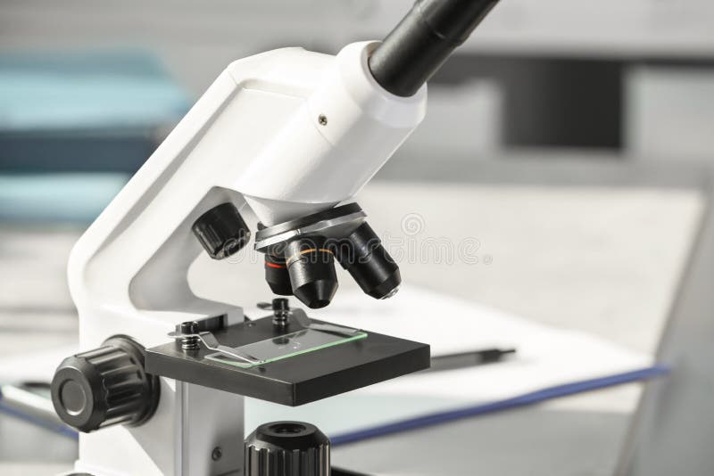 Modern Medical Microscope in Laboratory, Closeup. Space for Text Stock ...