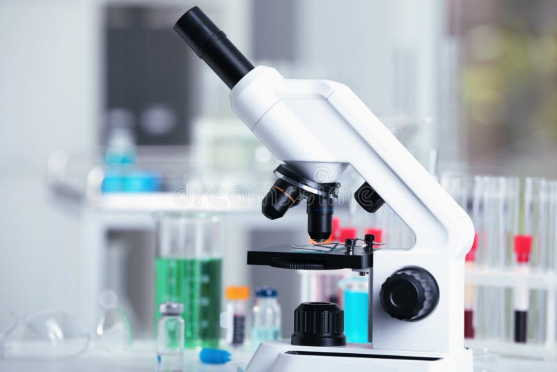 Modern Medical Microscope in Laboratory. Space for Text Stock Image ...