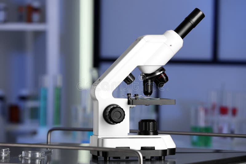 Modern Medical Microscope on Metal Table in Laboratory Stock Image ...