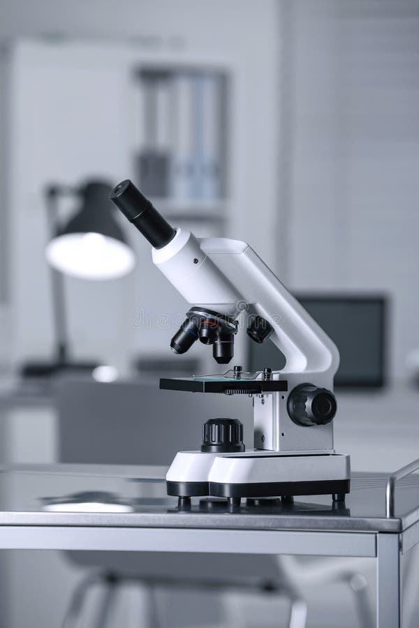 Modern Medical Microscope on Metal Table in Laboratory Stock Photo ...