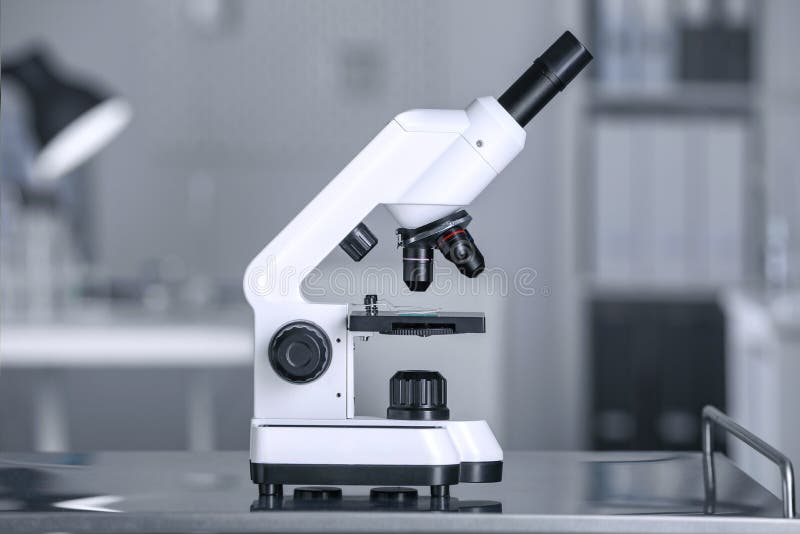 Modern Medical Microscope on Metal Table in Laboratory Stock Photo ...