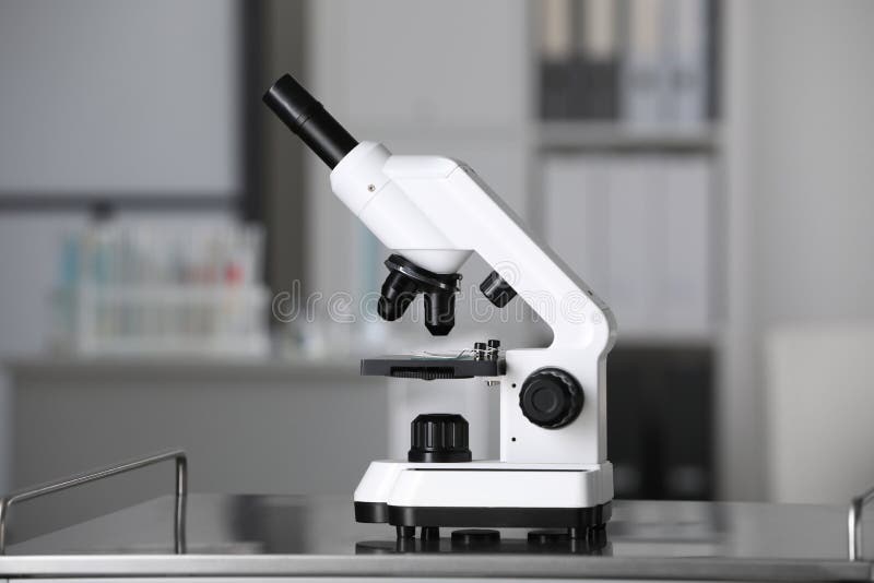 Modern Medical Microscope on Metal Table in Laboratory Stock Photo ...