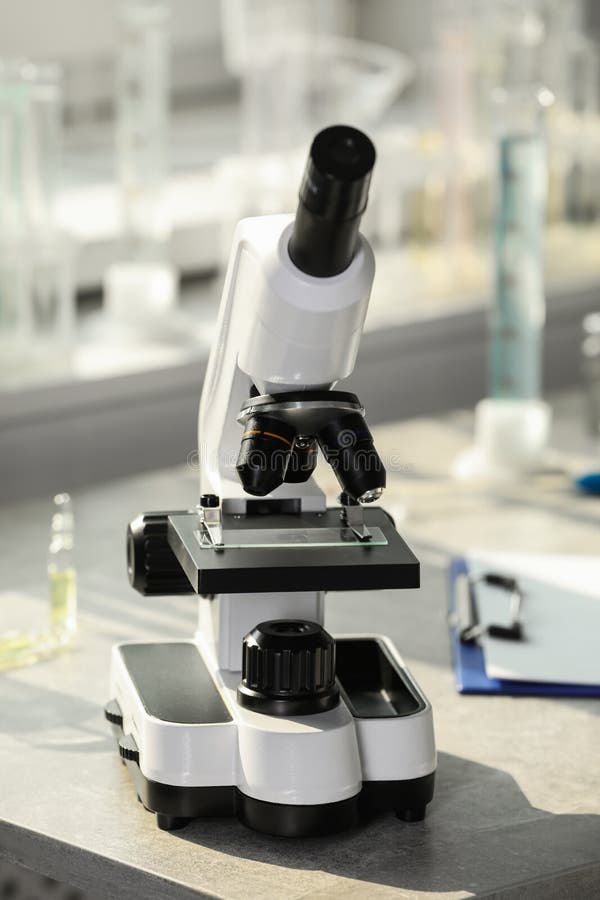 Modern Medical Microscope on Table in Laboratory Stock Image - Image of ...
