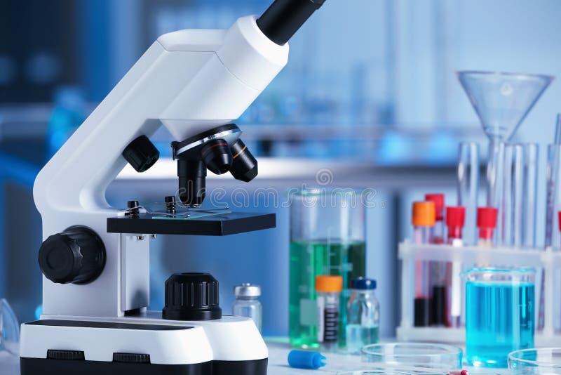 Modern Medical Microscope on Table in Laboratory. Space for Text Stock ...