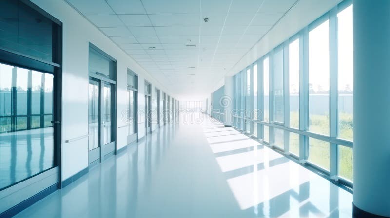 Modern Medical or Office Building with Empty Corridor, Large Glass ...