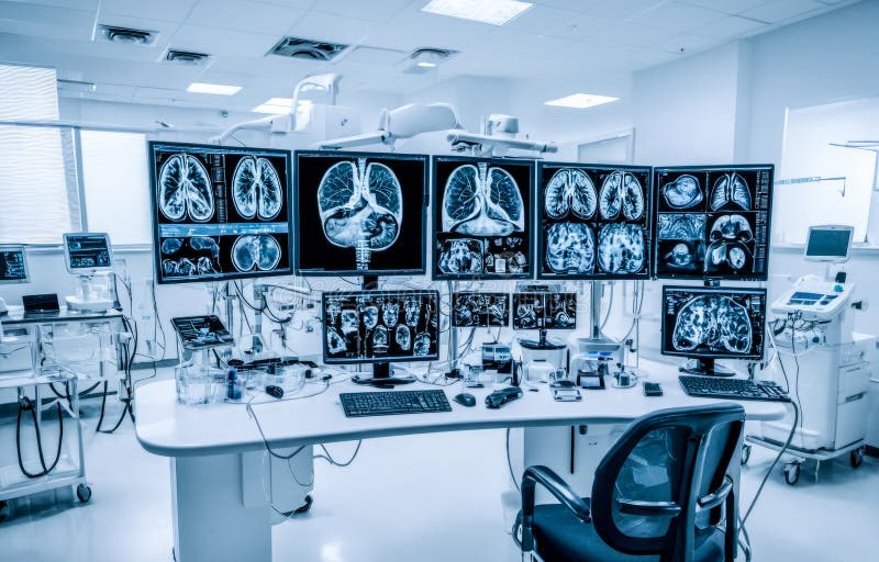 Modern Medical Research Lab with Multiple Computer Screens Displaying ...