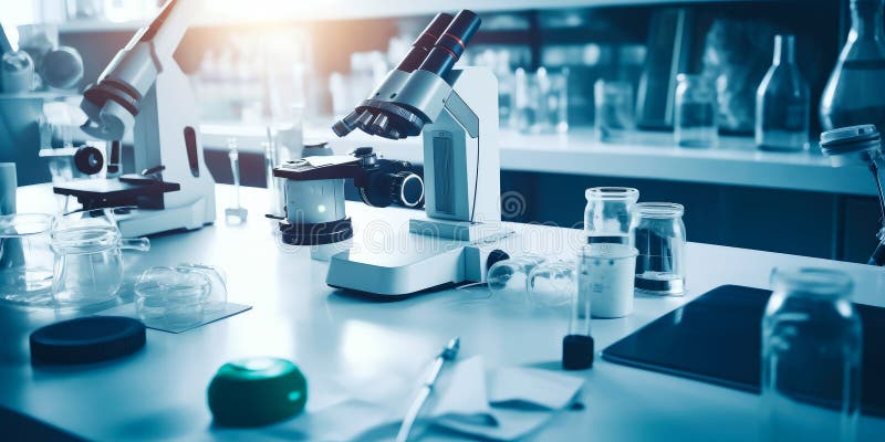 Modern Medical Research Laboratory with a Microscope. a Table Topped ...