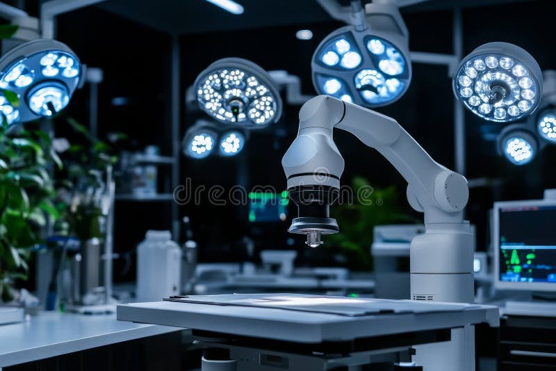 Sleek White Robotic Surgeon Operating Precisely Under Soft Medical ...