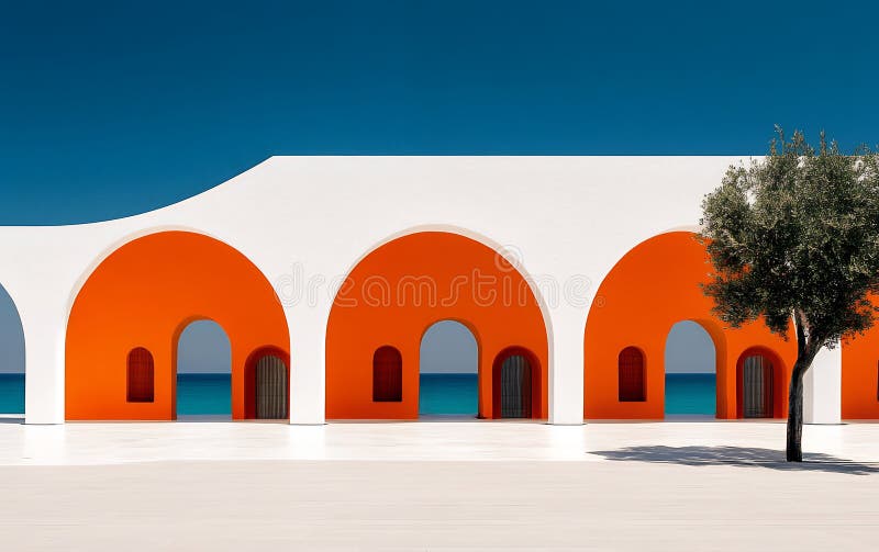 Modern Mediterranean Architecture with Bright Orange Arches and Sea ...