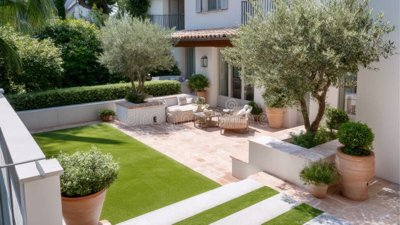 Modern Mediterranean Courtyard with Lush Garden and Cozy Seating Area ...