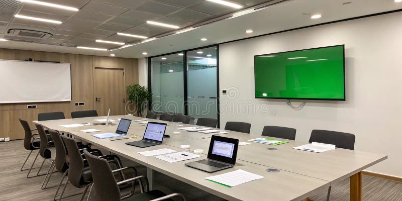 Modern Meeting Room with Conference Table and Green Chroma Key Screen ...