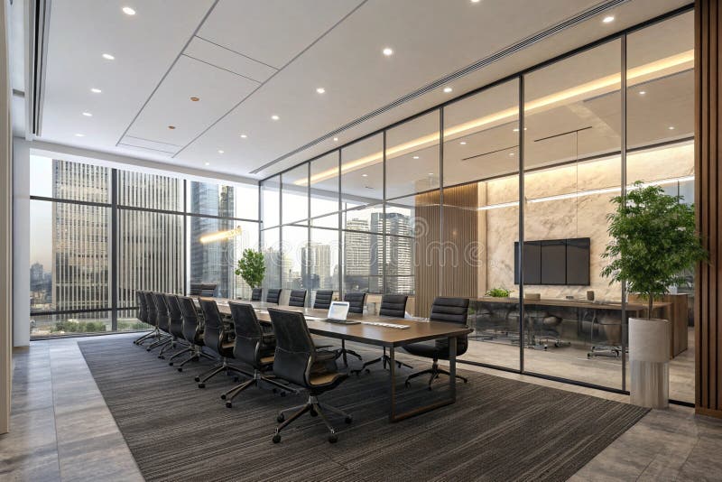 Corner of Modern Meeting Room Interior with Glass Wall Stock Illustration - Illustration of ...
