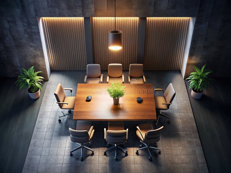 Modern Meeting Room Design a TopDown View of a Stylish LowLight Workspace for Productive ...