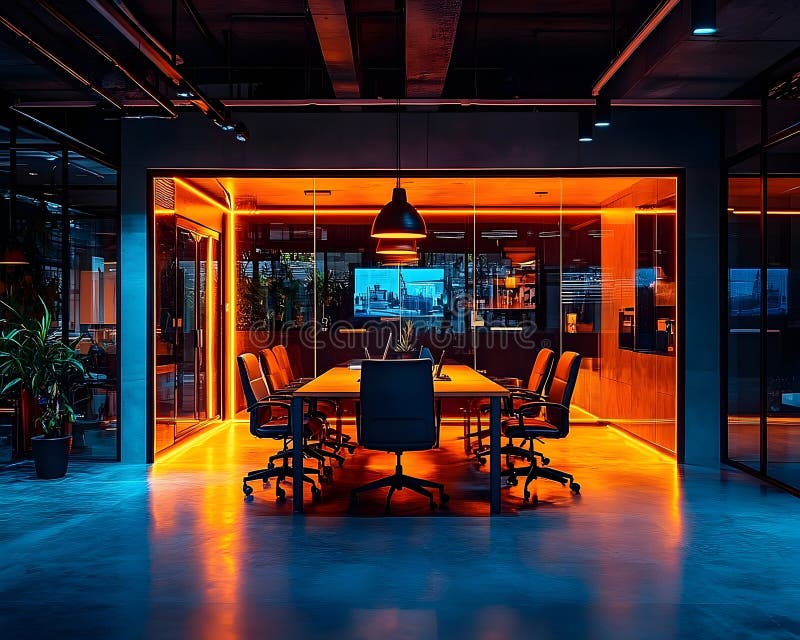 Modern Meeting Room Illuminated with Warm Orange Light Stock Photo ...