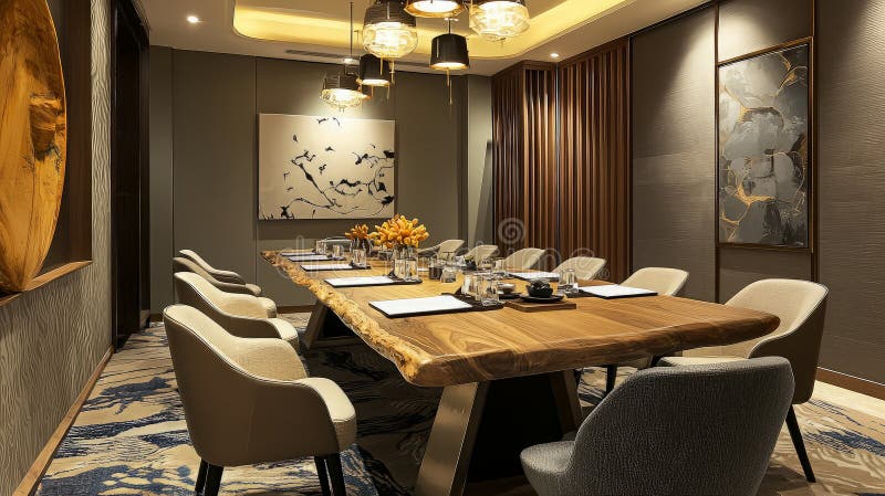 Modern Meeting Room with Long Wooden Table, Chairs, and Artwork Stock ...