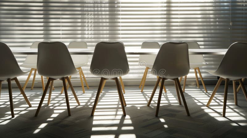 Modern Meeting Room Setup with Empty Chairs, Oval Table, and Abstract ...