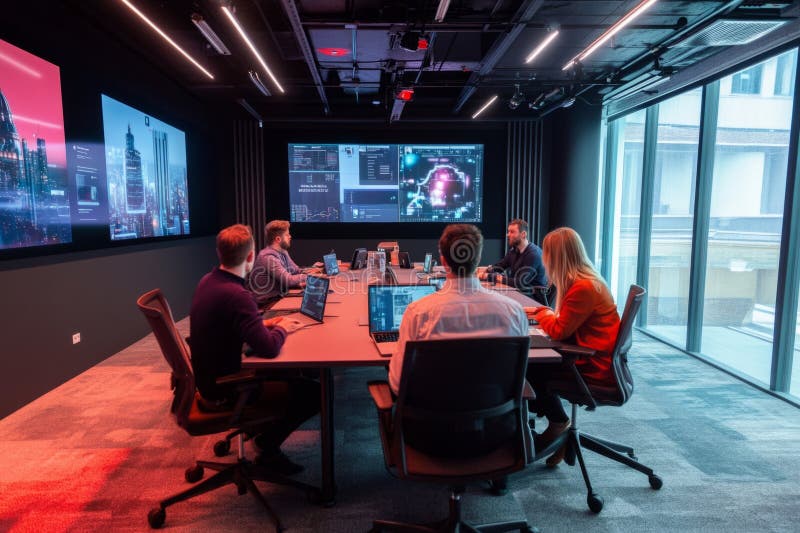 A Modern Meeting Room with a Team Gathered Around a Sleek Table. Bright ...
