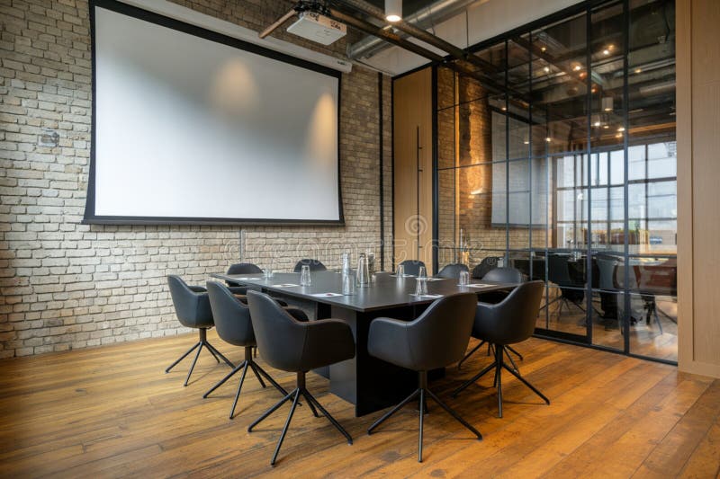 Modern Meeting Space with a Rectangular Table and a Blank Projection ...