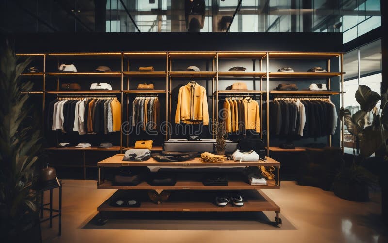 Inside a Modern Retail Store, Men Fashion Collection on Elegant Shelves ...