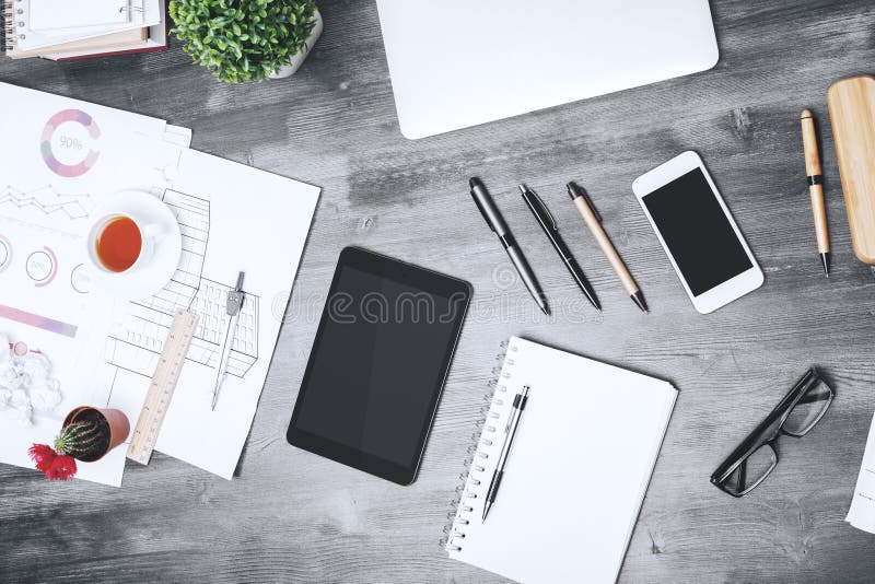 Modern messy desktop stock image. Image of copyspace - 110672301