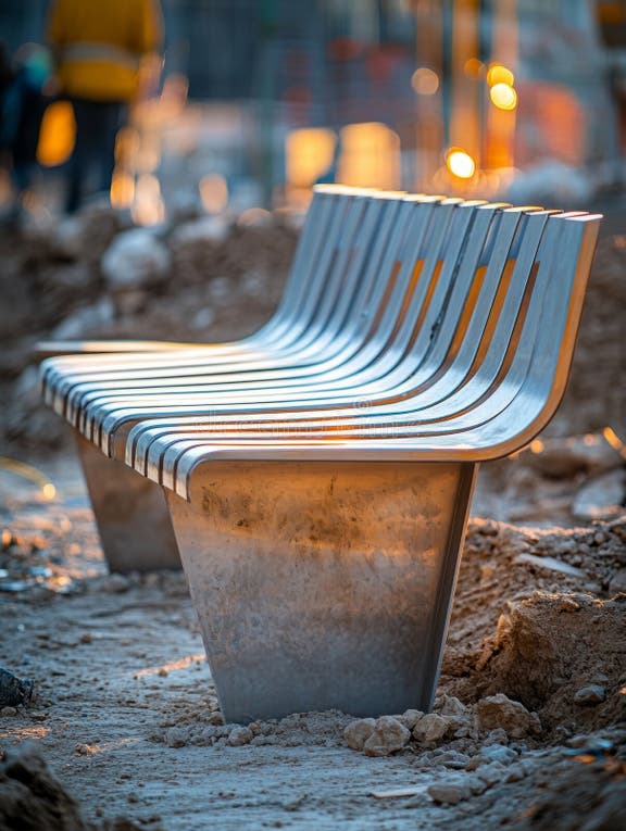 Modern Metal Bench with Urban Construction Backdrop. Stock Photo ...