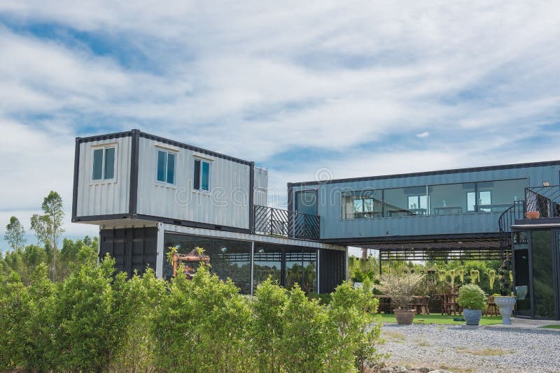 Modern Metal Building Made from Shipping Containers and Blue Sky ...