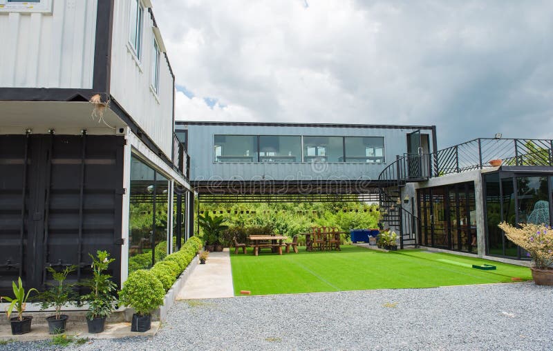 Modern Metal Building Made From Shipping Containers And Blue Sky ...
