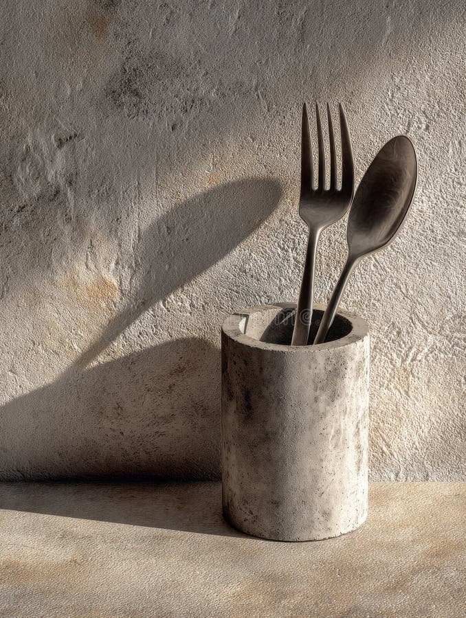 Modern Metal Fork and Spoon in Elegant Concrete Cylinder on Textured ...