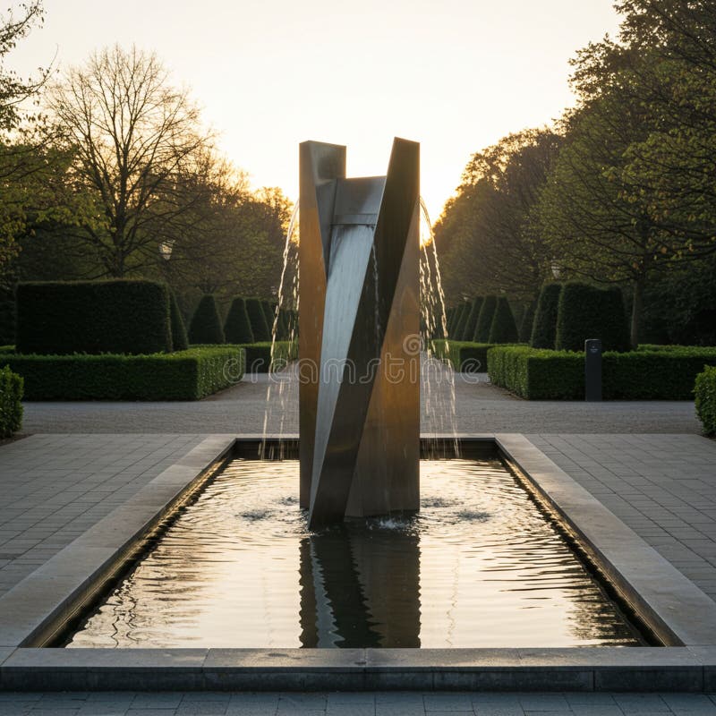 Modern Metal Fountain Towers Above a Rectangular Reflecting Pool ...