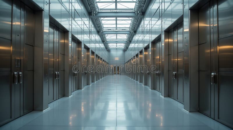 Modern Metal Hallway with Rows of Industrial Doors and Reflective ...