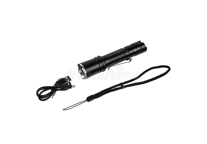 Modern Metal LED Flashlight in Black Color. Portable Flashlight Isolate ...
