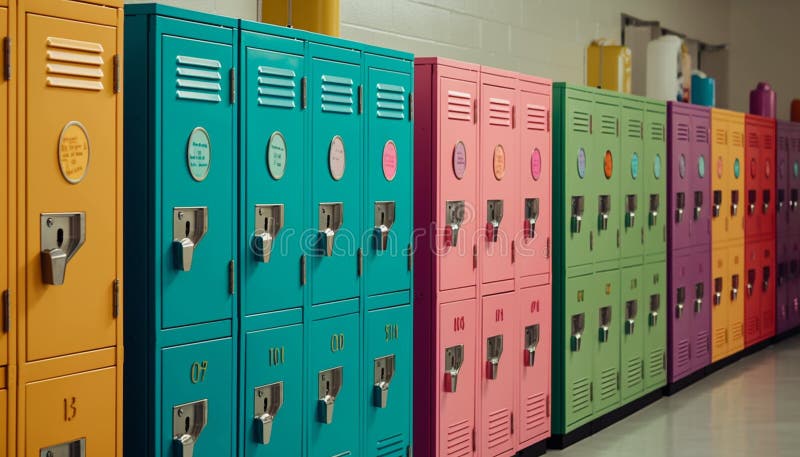 Modern Metal Lockers in a Row, Varying Colors and Patterns Generated by ...