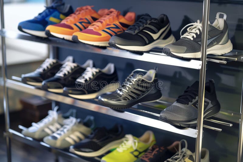 Modern Metal Shoe Rack with Various Athletic Shoes Stock Photo - Image ...