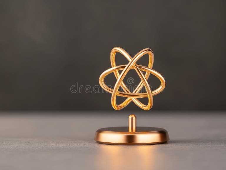 Modern Metallic Atomic Model Sculpture Standing on Dark Surface with ...