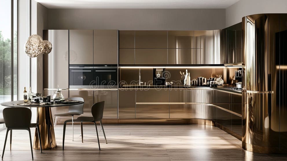 Modern Metallic Kitchen with Smart Appliances Stock Photo - Image of ...