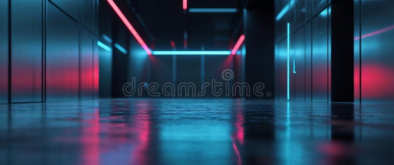 Modern Metallic Room Neon Lights Dark Floor Design. Stock Image - Image ...