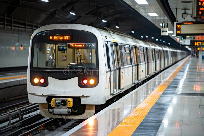 Modern Metro Train at a Well-lit, Empty Station Platform in the City ...