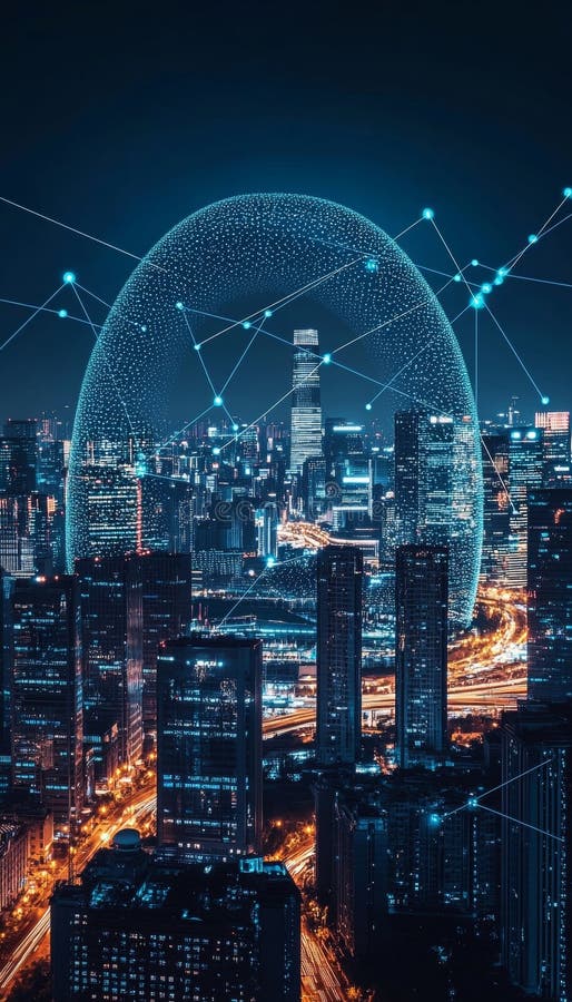 Modern Metropolis Illuminated at Night, Connected by a Glowing Digital ...