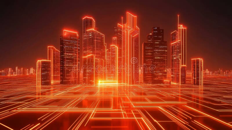 A Modern Metropolis Shining Under Vibrant Red Neon Lights Stock Image ...