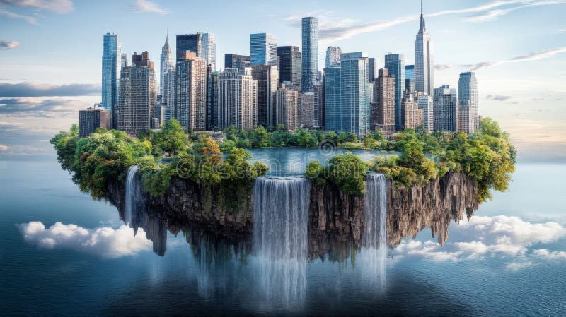 A Modern Metropolis Skyline Featuring a Floating Island City with a ...