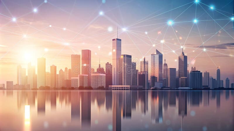 Modern Metropolis Skyline Reflected in Calm Water at Dawn, Showcasing ...