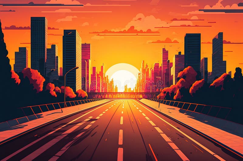 Modern Metropolitan Skyline and Asphalt Road at Sunset. Height Stock ...