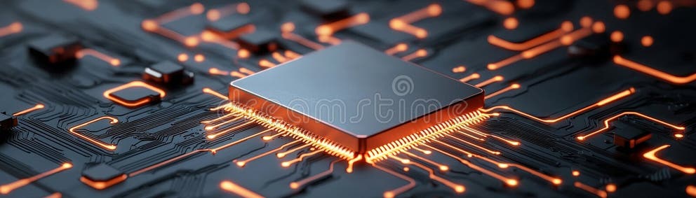 Modern Microchip with Glowing Circuitry on High-Tech Black Background ...