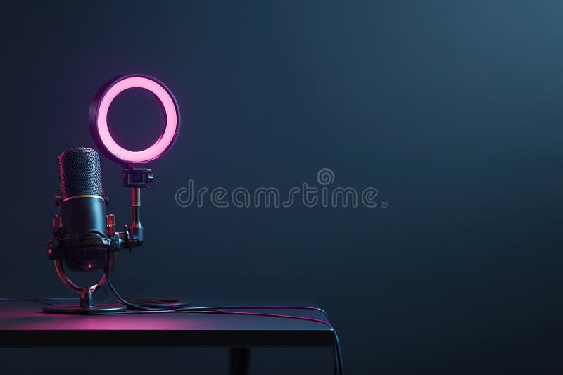 Modern Microphone and Ring Light Setup on a Table in a Dark Recording ...