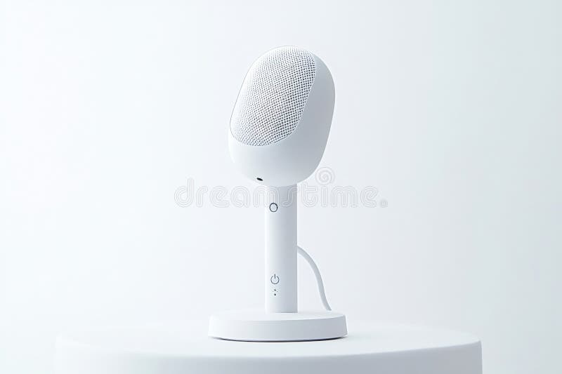 Modern Microphone Standing on White Surface with Power Button Stock ...