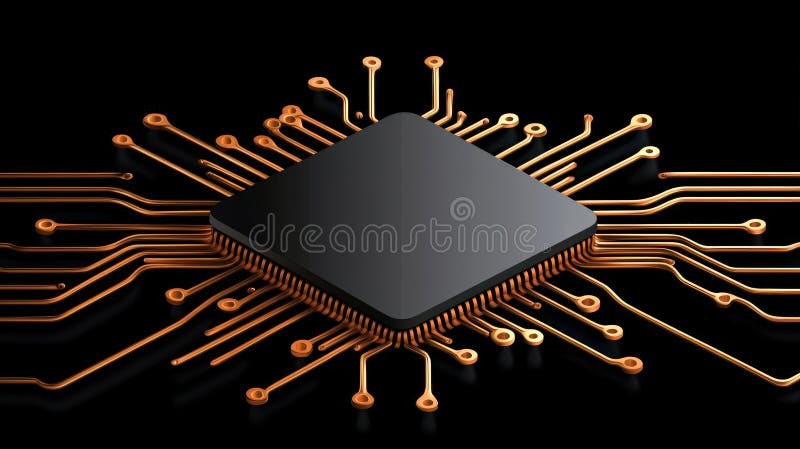 Modern Microprocessor Chip with Copper Connections on Black Background ...