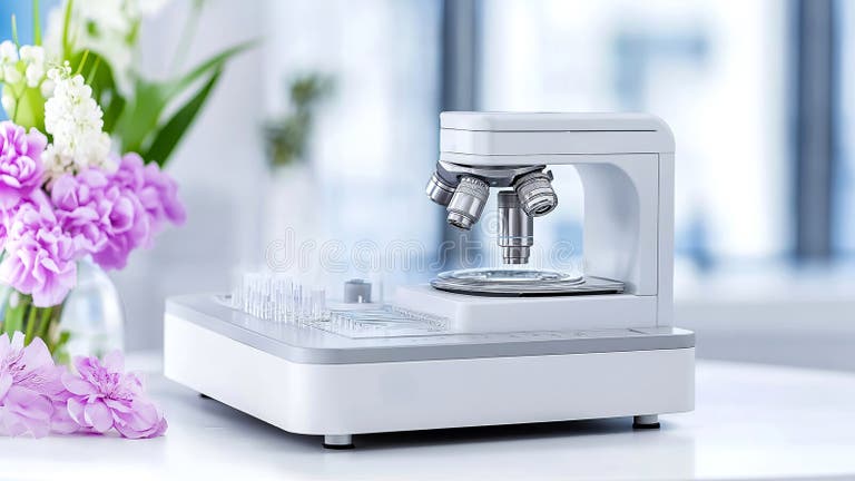 Modern Microscope is Analyzing Samples in a Bright Laboratory Setting ...