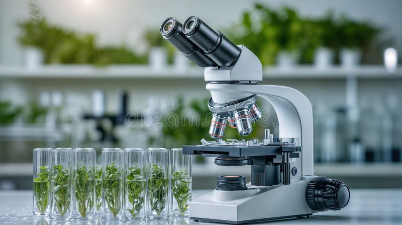 Modern Microscope Analyzing Test Tubes with Plants in a Biological ...