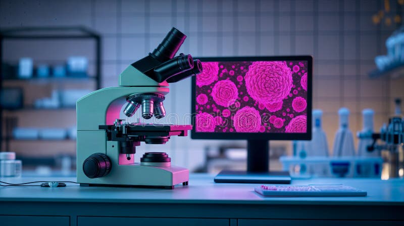 Modern Microscope Analyzing Virus Cells in Laboratory Setting Stock ...